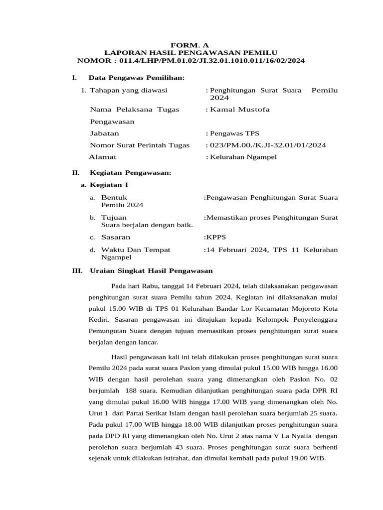 Contoh OK Form-A Penghitungan Suara (14 Feb 13.00-24.00) | PDF