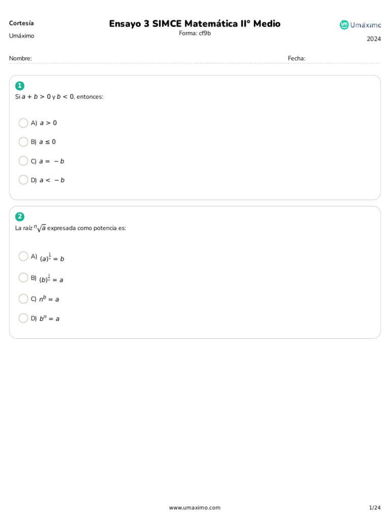 Ensayo 3 Simce Matematica II Medio Umaximo | PDF