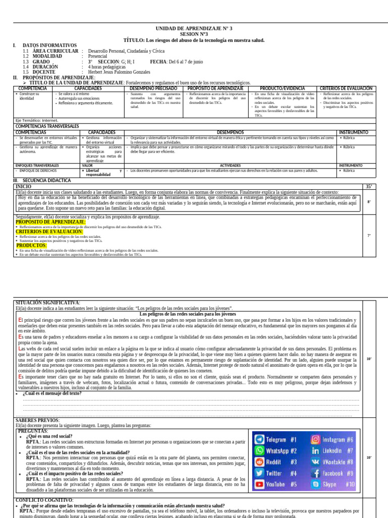 Unidad de Aprendizaje 3 Sesion 3 UDA DPCC 3° VII Ciclo Los Riesgos Del Abuso de La Tecnología en ...