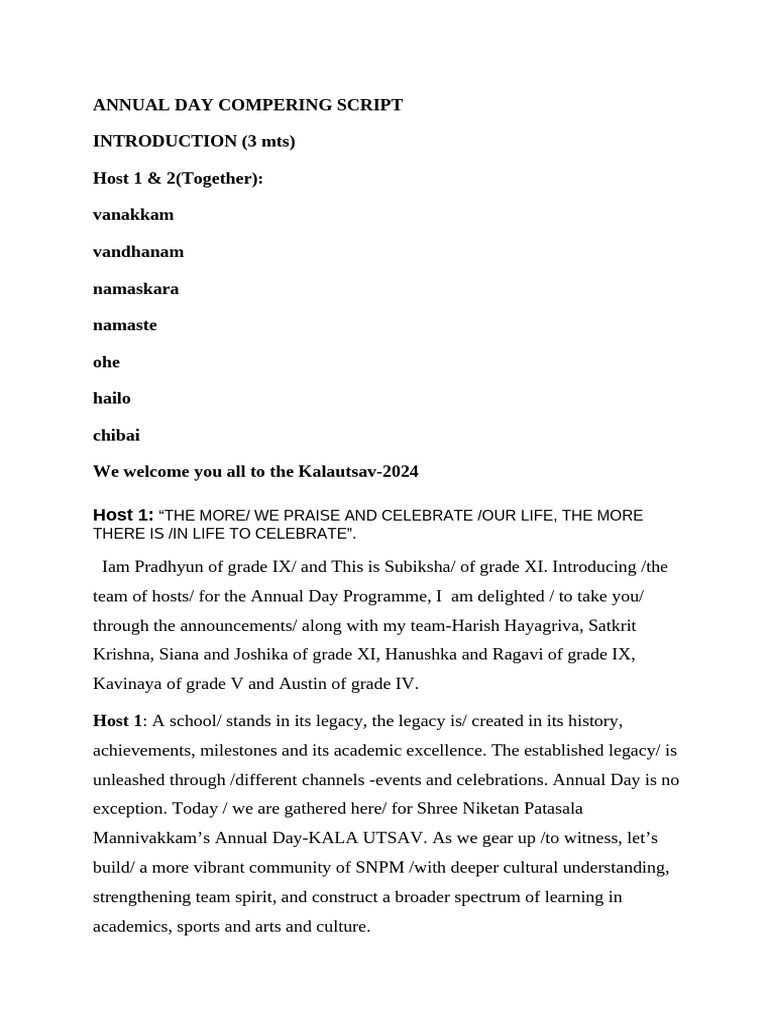 Annual Day Compering Script | PDF