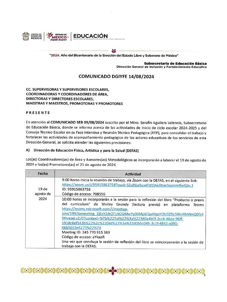 Dgiyfe Comunicado Cte y RTP 2024-2025 | PDF