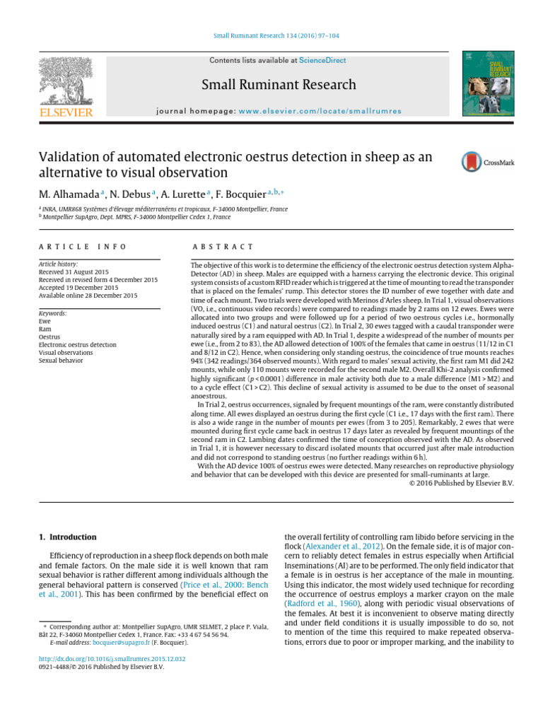 Validation of Automated Electronic Oestrus Detection in Sheep As An ...