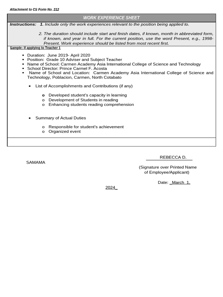 Work Experience Sheet 1 | PDF