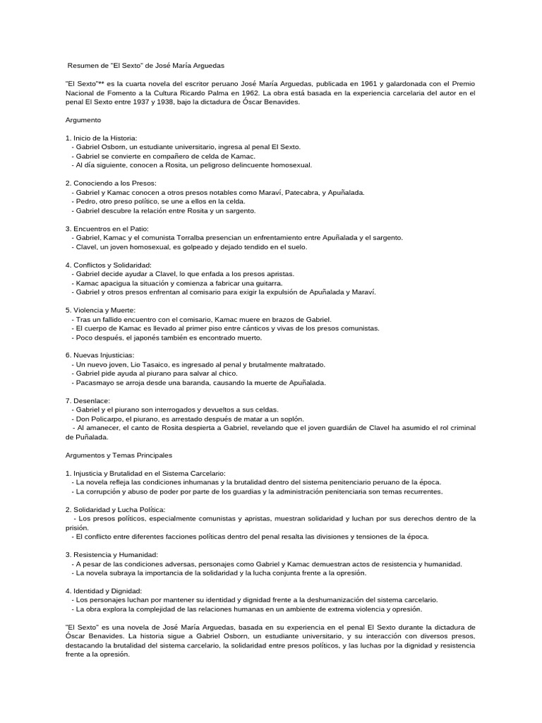 Resumen de - El Sexto - de José María Arguedas | PDF