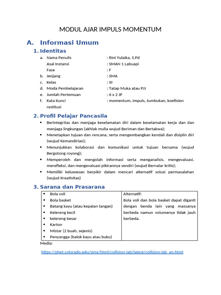 Modul Ajar Momentum Impuls | PDF