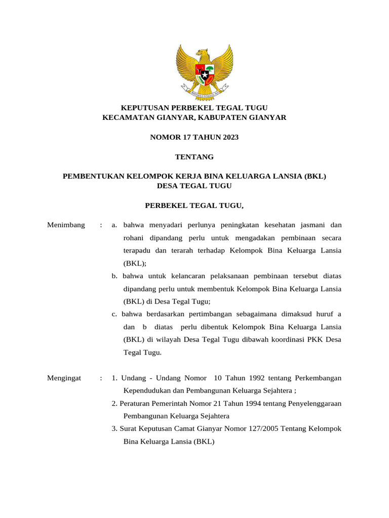 SK No. 17 KELOMPOK BINA KELUARGA LANSIA (BKL) | PDF