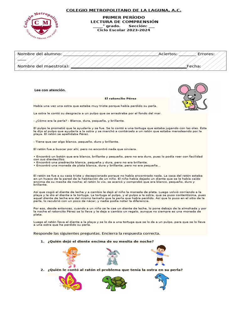 Examen Comprensión Lectora 1er Trimestre | PDF