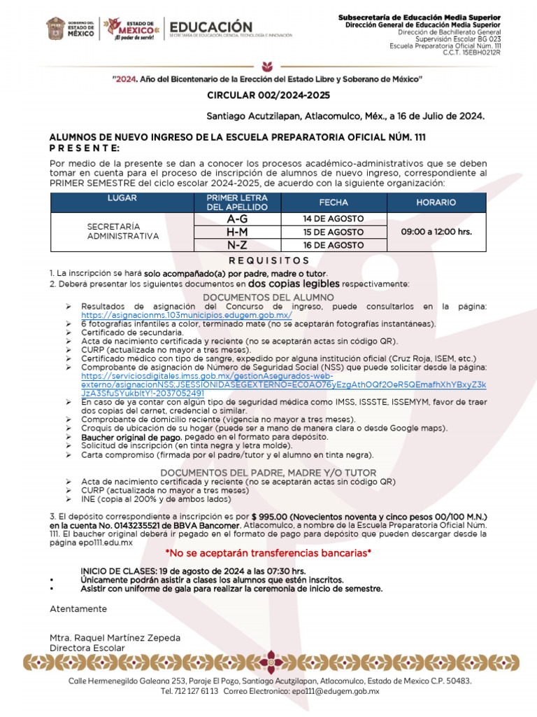 Circular 002 Proceso de Inscripcion para Alumnos de Nuevo Ingreso 2024 2025 | PDF