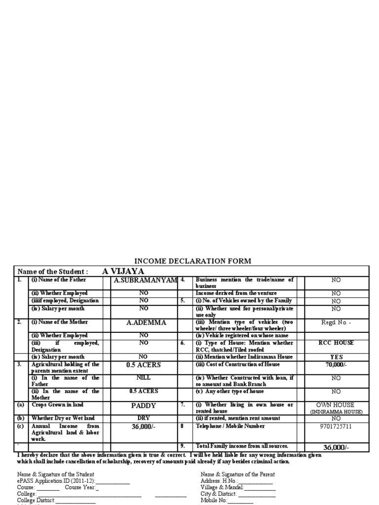 A Vijaya: Income Declaration Form Name of The Student | PDF