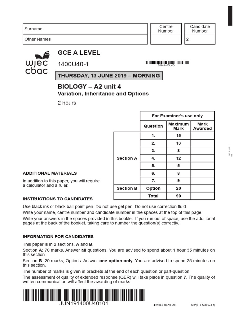June 2019 QP - Unit 4 WJEC Biology A-Level | PDF | Gene