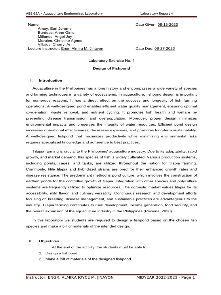 Semi-Intensive Fishpond Design Report | PDF | Aquaculture | Pond