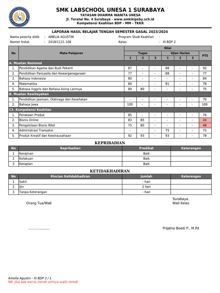 Rapor - XI BDP 2 - 20232024 Gasal | PDF