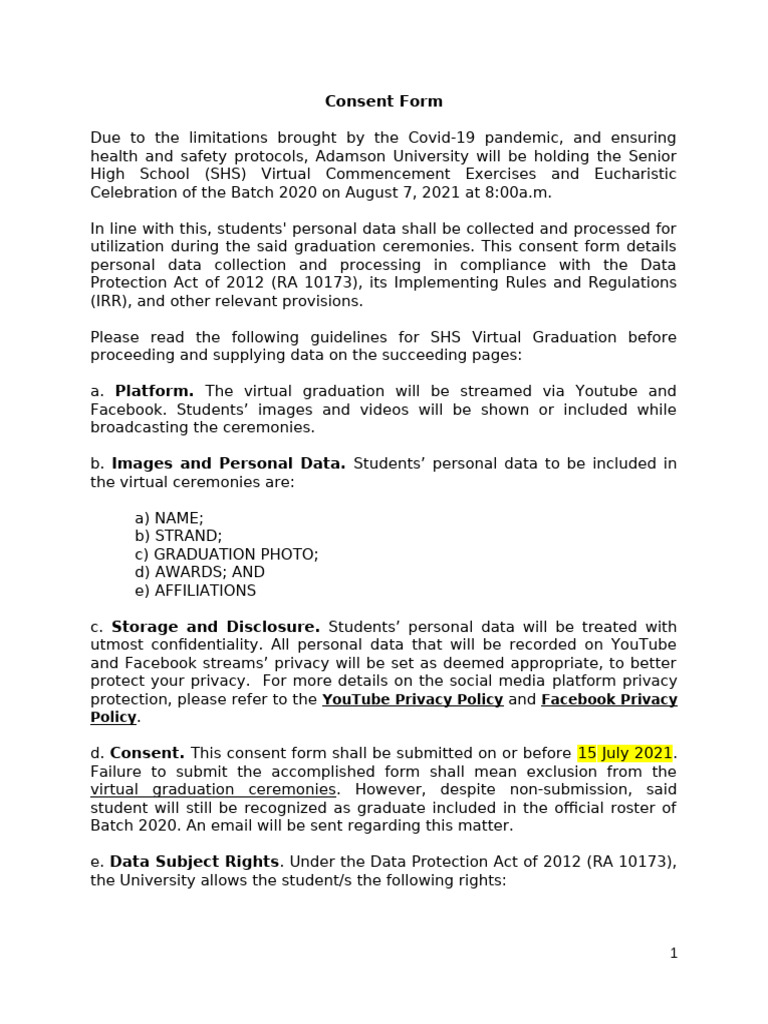 Revised AdU Graduation Consent Form SHS v2 | PDF