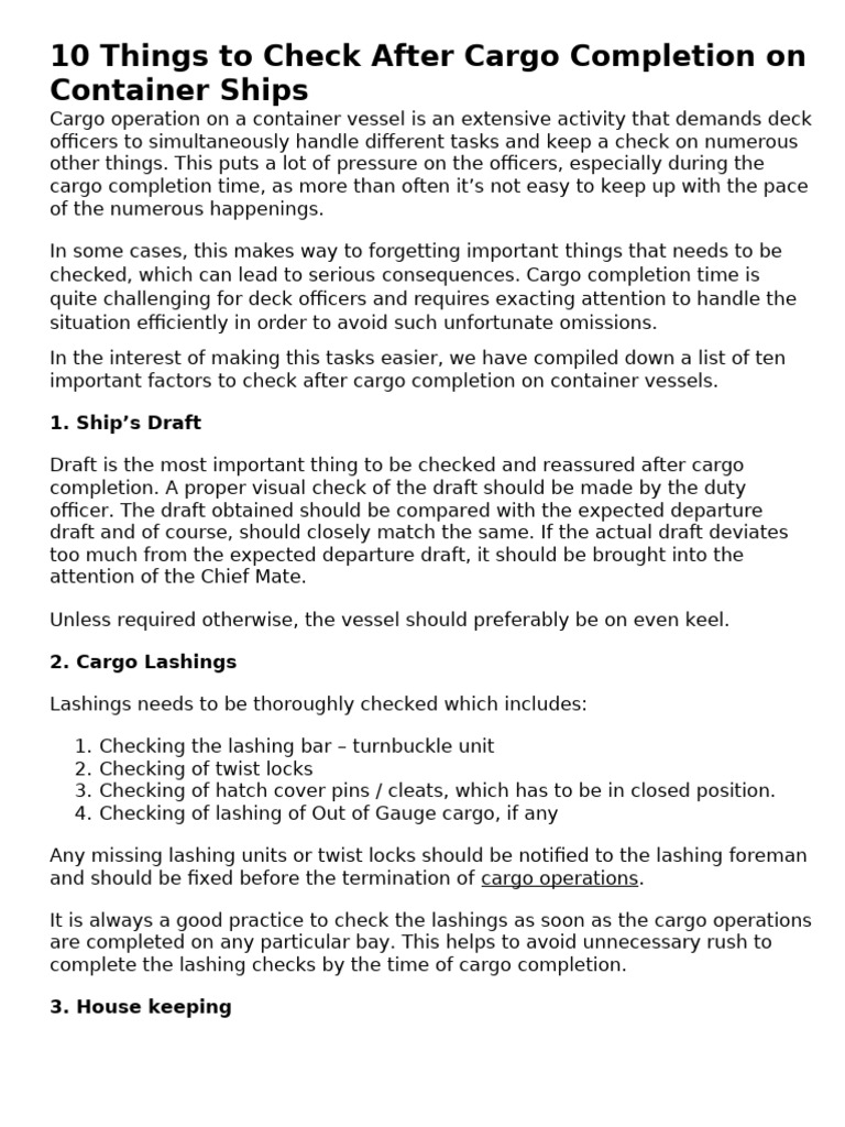 10 Things To Check After Cargo Completion On Container Ships | PDF