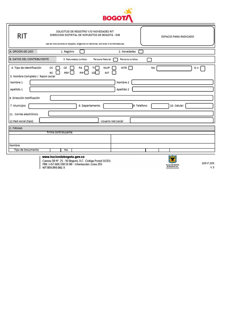 105 F 203 V3 Solicitud de Registro y o Novedades Rit | PDF