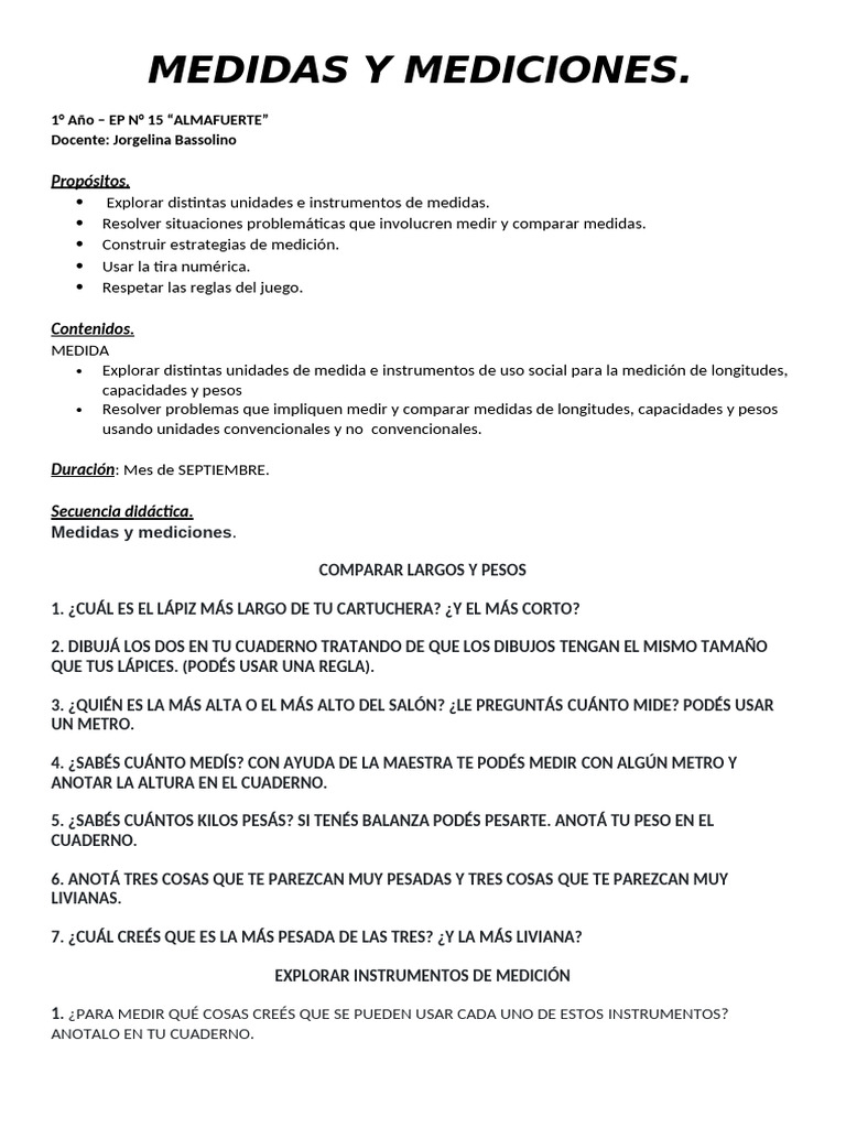 Medidas y Mediciones en 1° Año | PDF