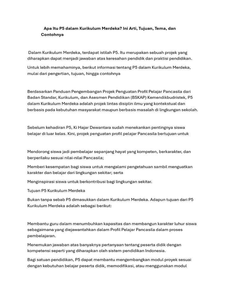 Apa Itu P5 Dalam Kurikulum Merdeka? Ini Arti, Tujuan, Tema, Dan Contohnya | PDF