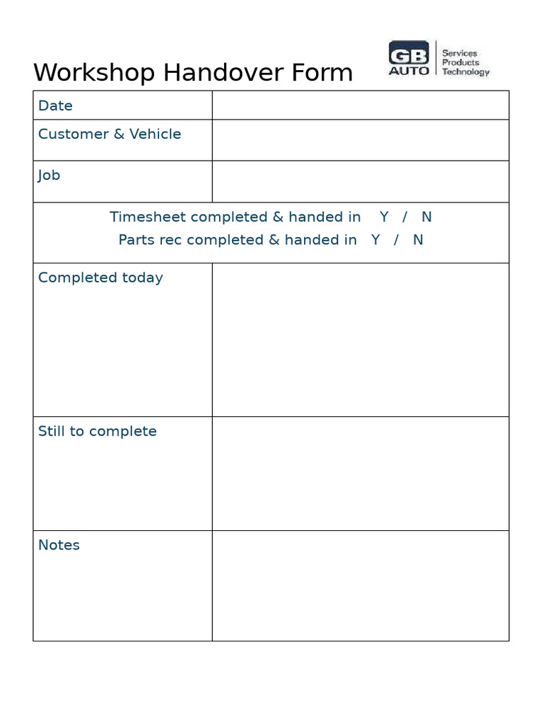Workshop Handover Form | PDF