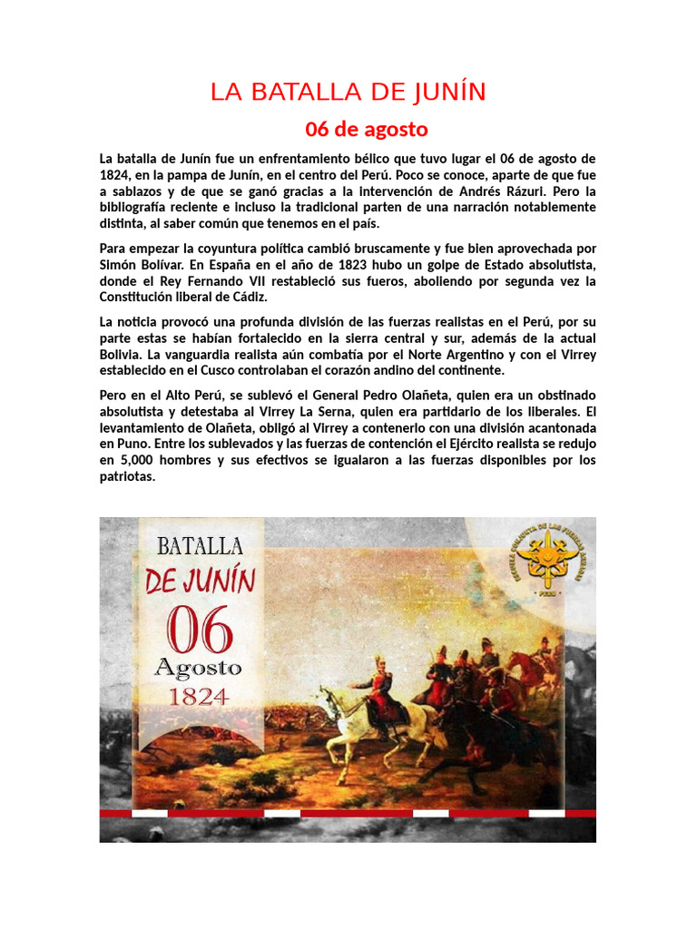 Agosto La Batalla de Junín | PDF