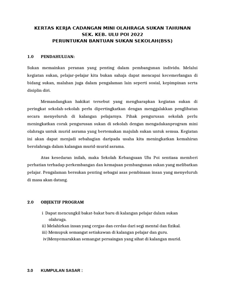 Kertas Kerja Mini Olahraga (Peruntukan BSS) | PDF