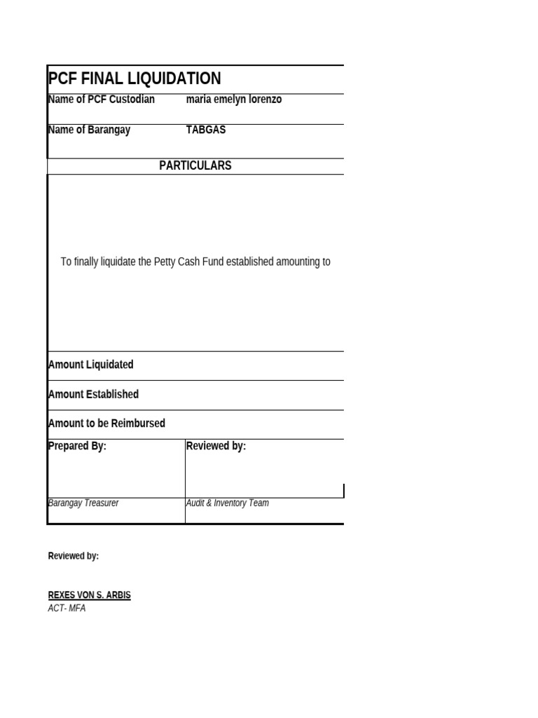 Pettycash Final Liquidation and Replenishment Sample | PDF