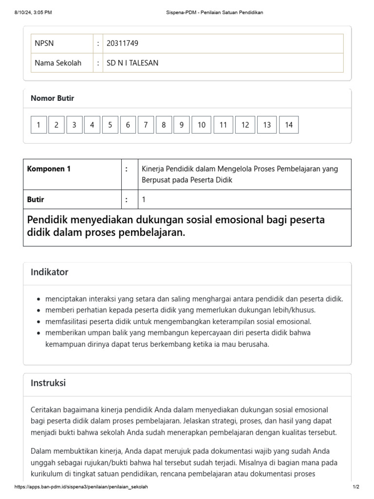Butir 1 Sispena-PDM - Penilaian Satuan Pendidikan | PDF Butir 1 Sispena-PDM - Penilaian Satuan Pendidikan | PDF