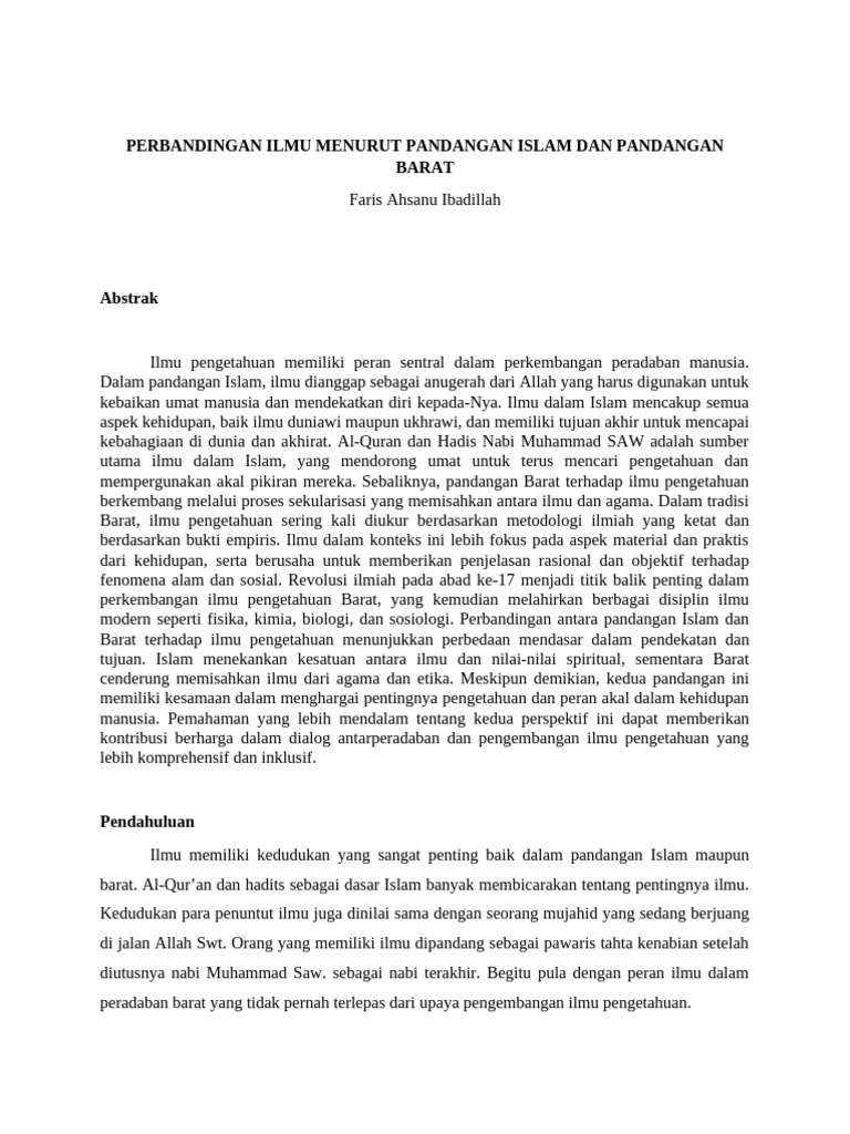Perbandingan Ilmu Dalam Pandangan Islam Dan Pandangan Barat Faris Ahsanu | PDF