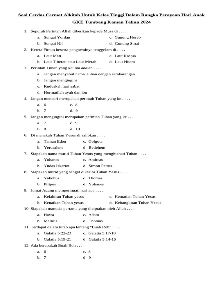 Soal Cerdas Cermat Alkitab Untuk Kelas Tinggi Dalam Rangka Perayaan ...