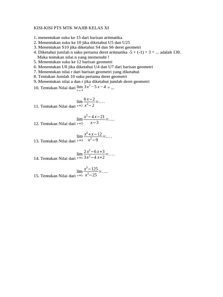 Kisi-Kisi Pts MTK Wajib Kelas Xi | PDF