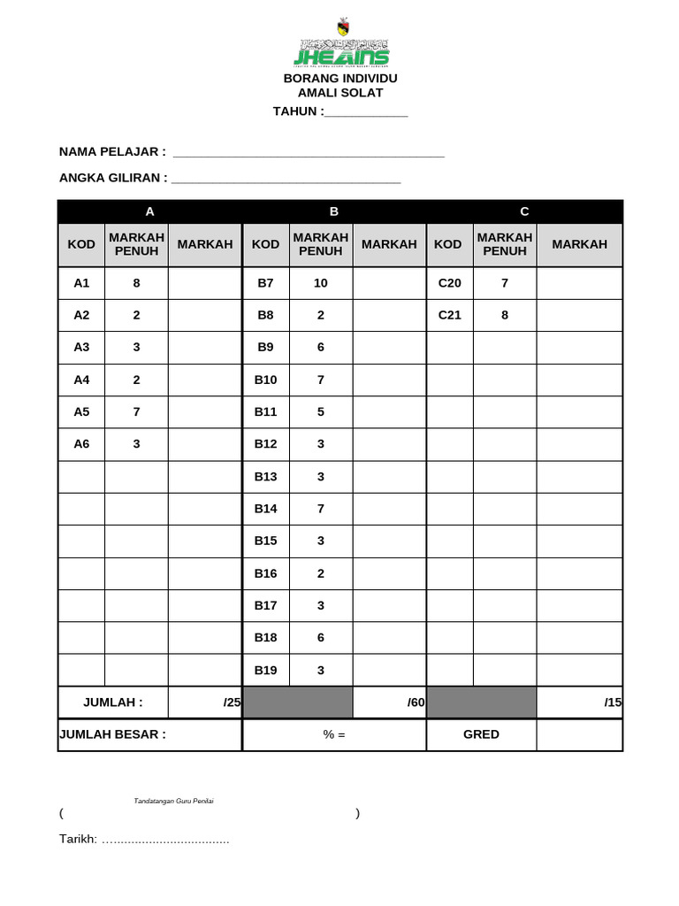 Borang Individu Amali Solat 2020 | PDF