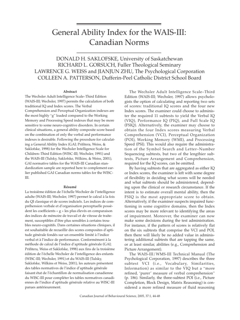 General Ability Index For The WAIS III C | PDF