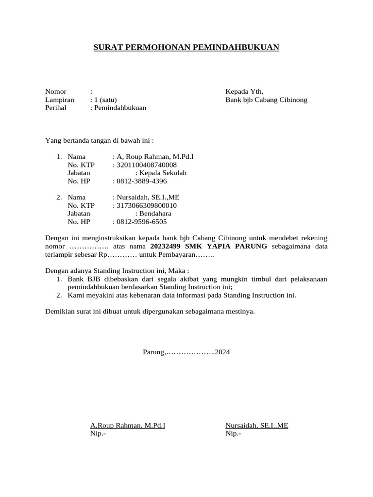 Surat Permohonan Pemindahbukuan | PDF