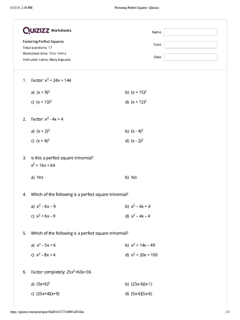 Factoring Perfect Squares - Quizizz | PDF