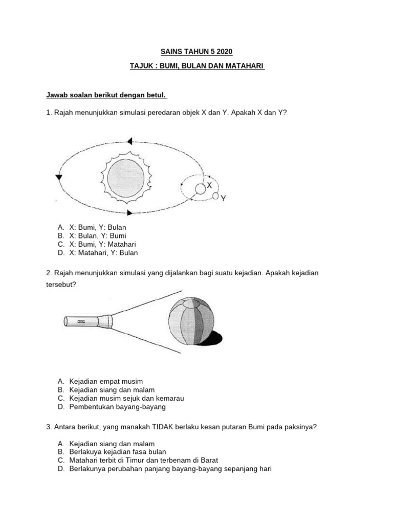 Latihan Bumi Bulan Dan Matahari Sains Tahun 5 2020 | PDF
