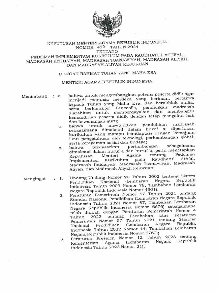 KMA No. 450 Tahun 2024 - Pedoman Implementasi Kurikulum Pada Madrasah | PDF