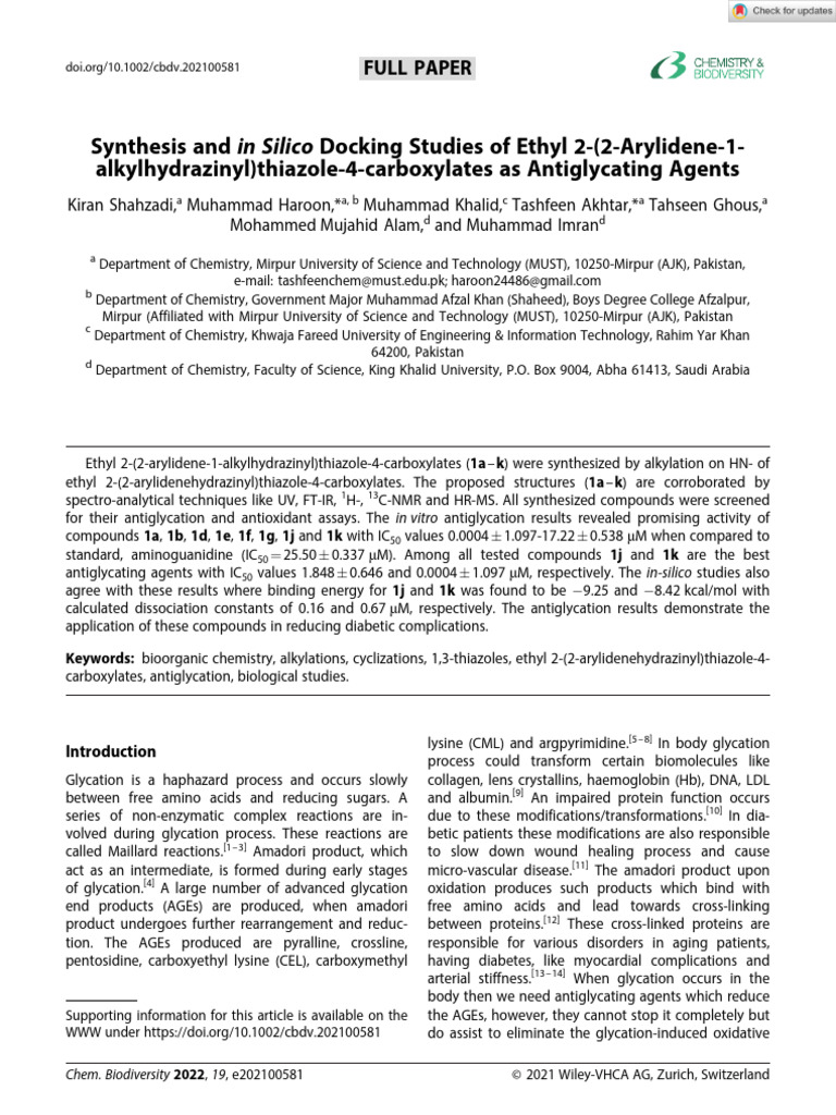 Chemistry Biodiversity - 2021 - Shahzadi - Synthesis and in Silico ...