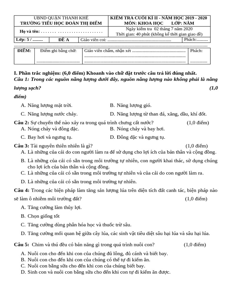 de + Ma Tran Khoa Hoc Lop 5 Cuoi Nam 19-20 | PDF