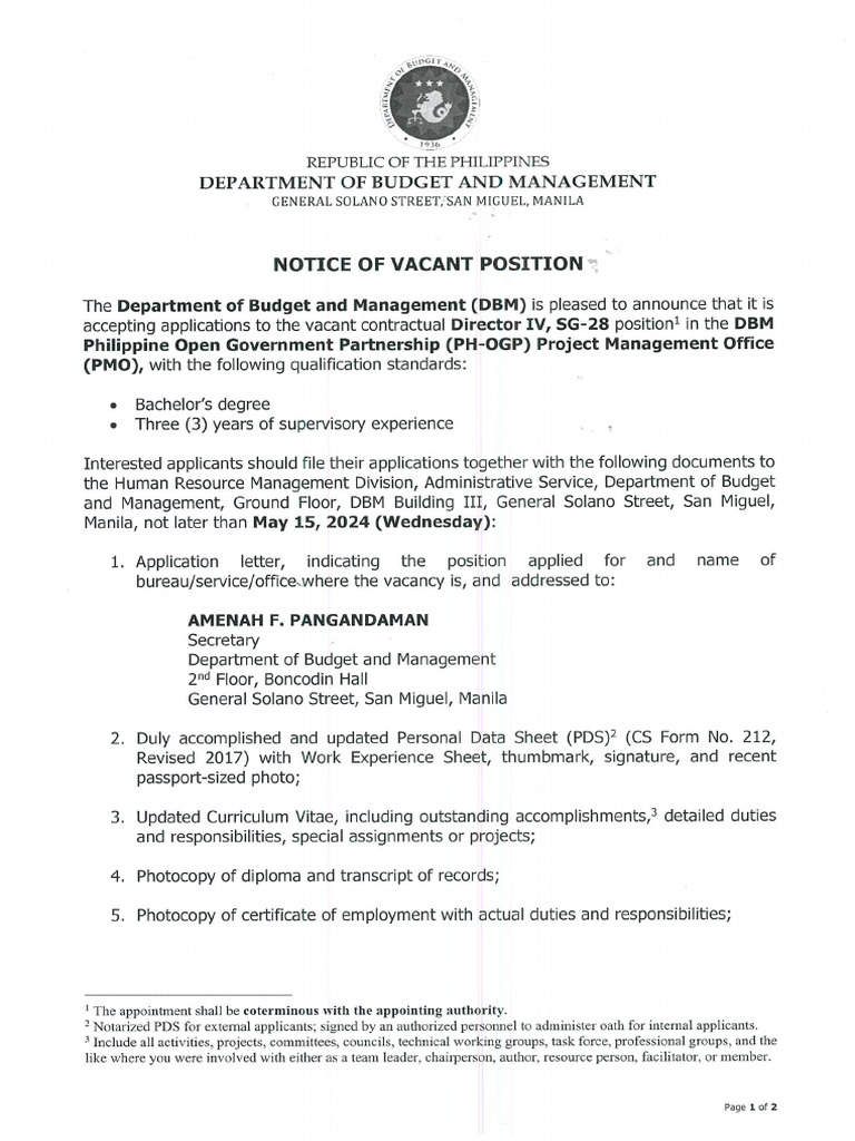 Notice of Vacant Position Dated April 26, 2024 | PDF