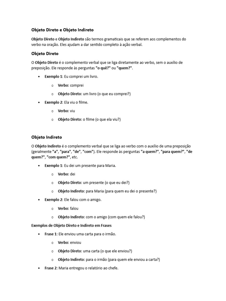 01 - Objeto Direto e Objeto Indireto | PDF