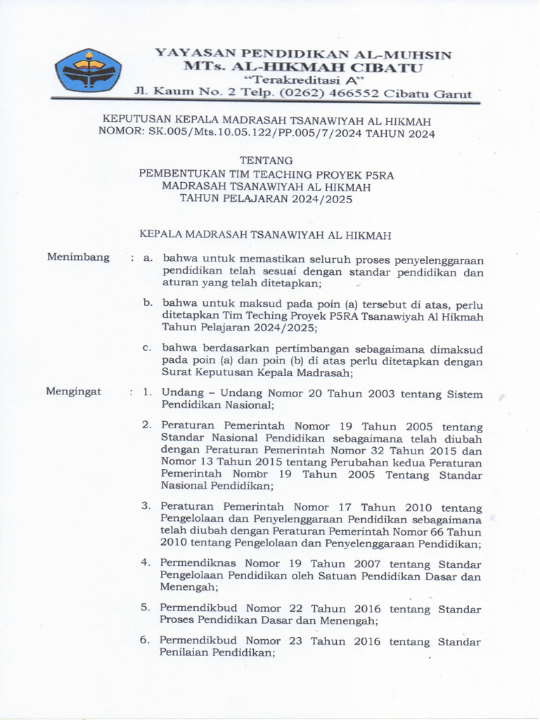 SK TIM TEACHING PROYEK P5RA 2024 | PDF