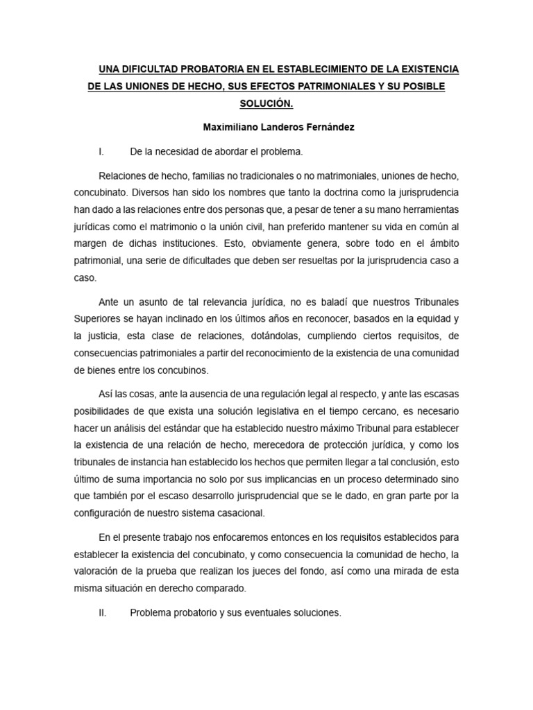 Una Dificultad Probatoria en El Establecimiento de La Existencia de Las Uniones de Hecho, Sus ...