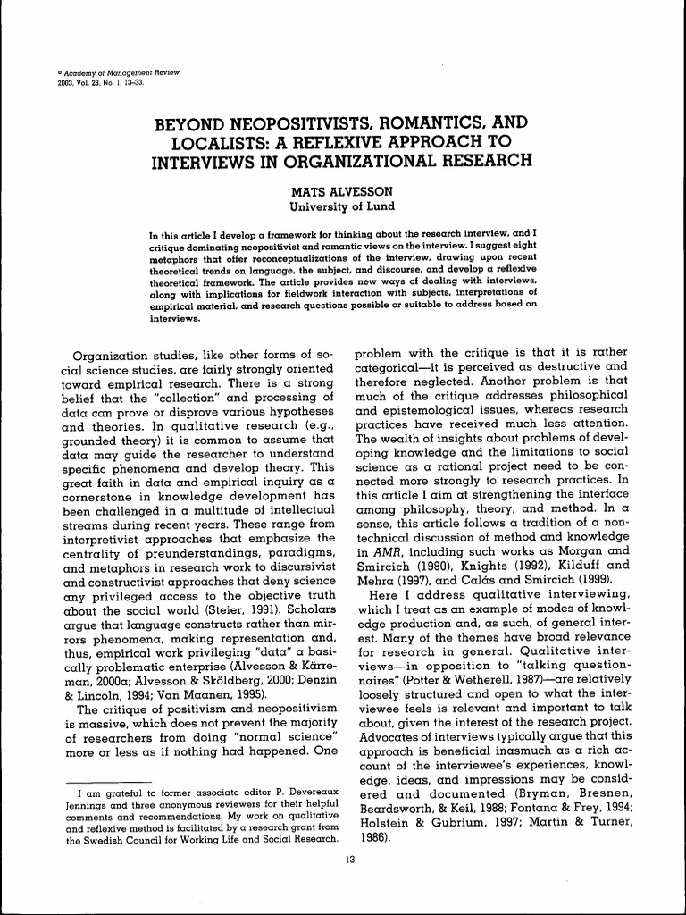 Alvesson 2003 Interviews in Organizational Research | PDF
