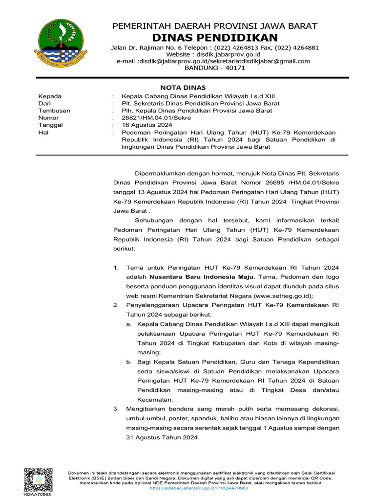 Nota Dinas HUT RI Satuan Pendidikan 16082024 025924 Signed | PDF