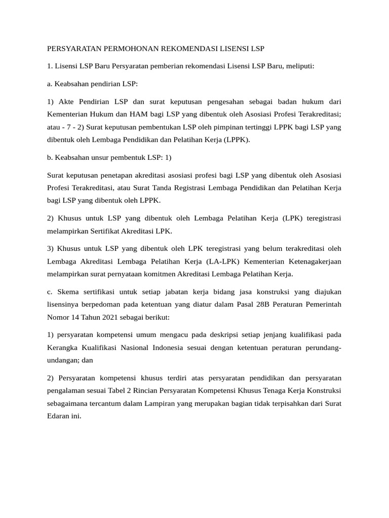 Persyaratan Permohonan Rekomendasi Lisensi LSP | PDF