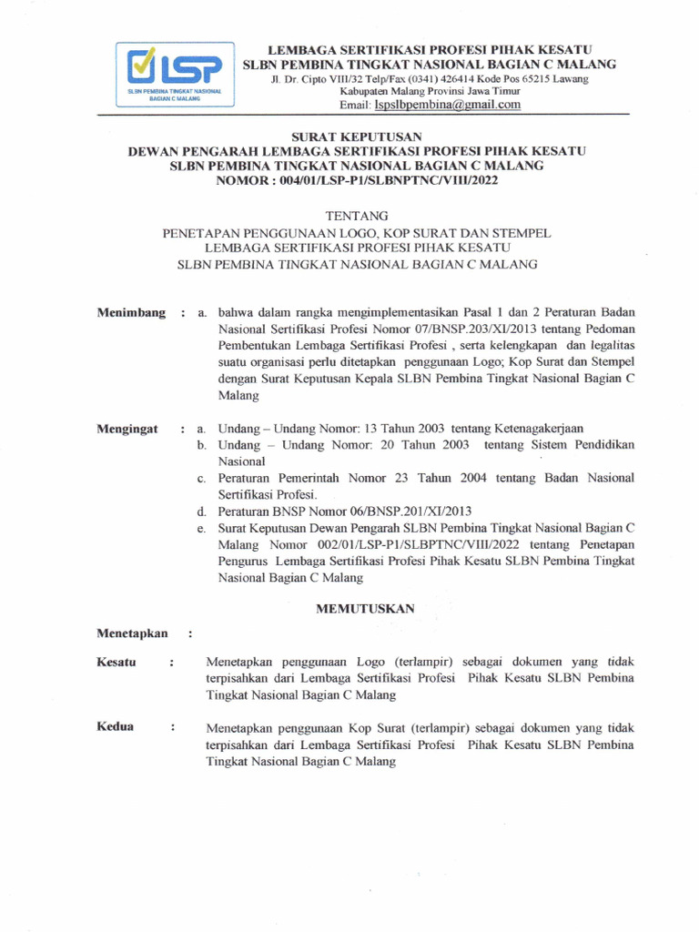 SK Penetapan Penggunaan Logo Kop Surat Dan Stempel | PDF