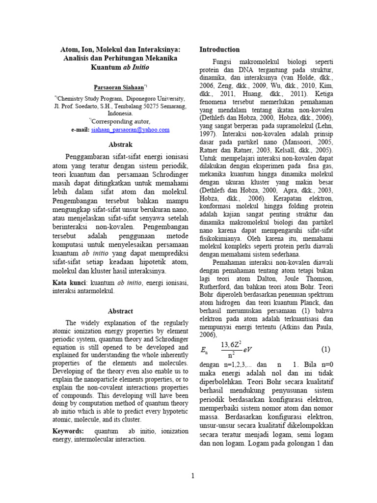 Atom, Ion, Molekul Dan Interaksinya Analisis Dan Perhitungan Mekanika Kuantum Ab Initio | PDF