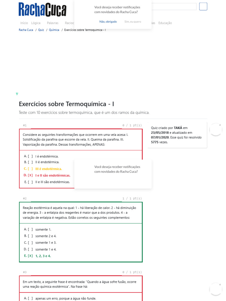 Exercícios Sobre Termoquímica - I - Racha Cuca Respostas Fenômenos Químicos | PDF