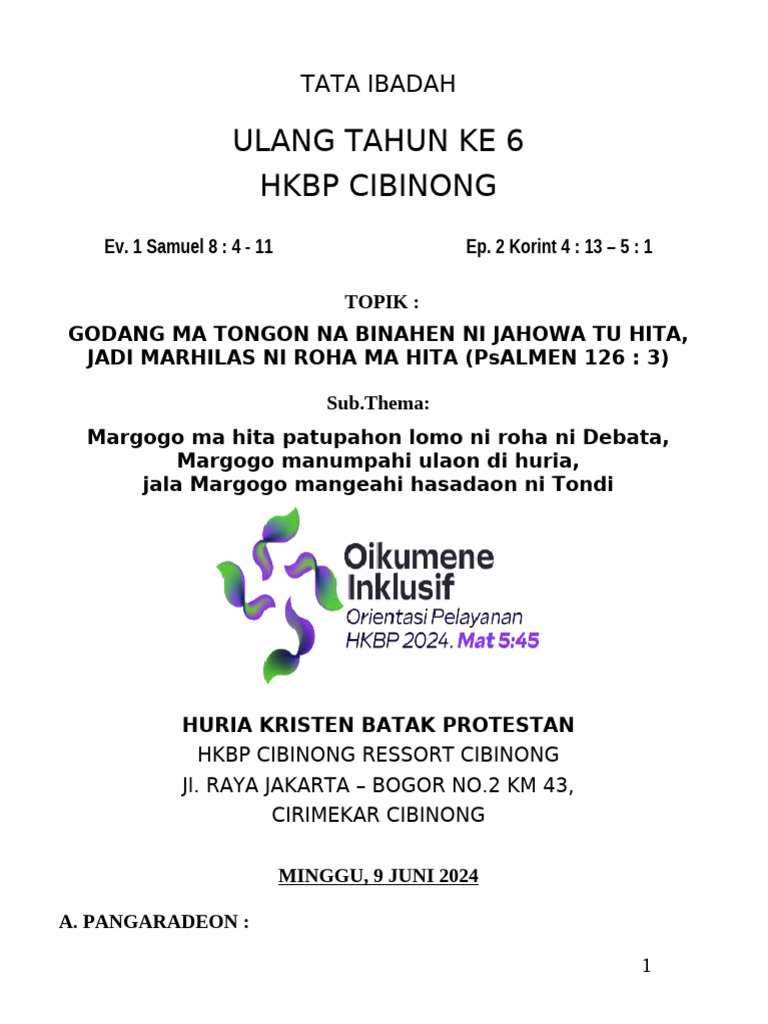 Acara Pesta Ulangtahun HKBP Cibinong Ke 6 - 9 Juni 2024 | PDF