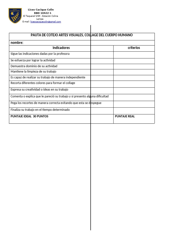 Pauta de Cotejo Collage de Colores | PDF