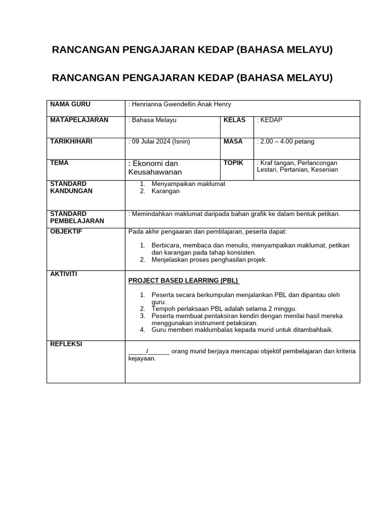 Contoh RPH Kedap PBL | PDF